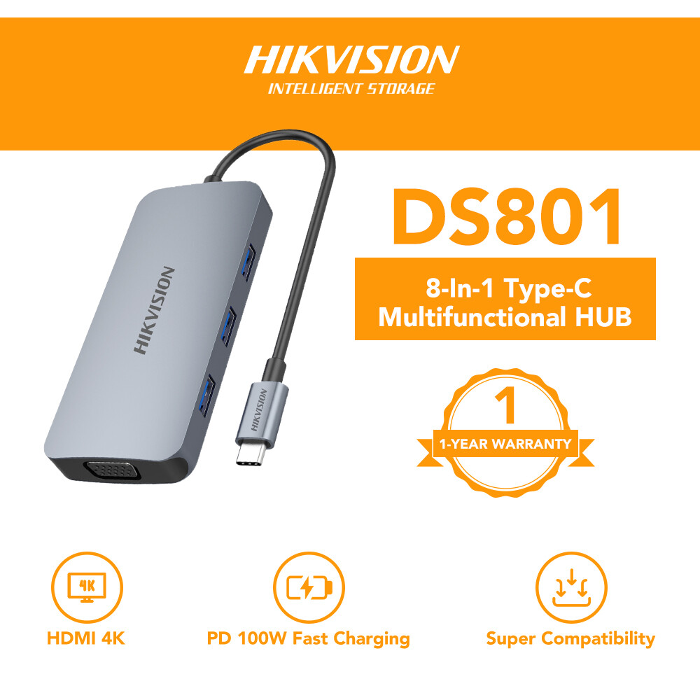 HIKVISION USB-C hub DS801 8-in-1,HDMI*1,VGA*1,USB 3.0*3,USB-C*1,SD*1,TF ...