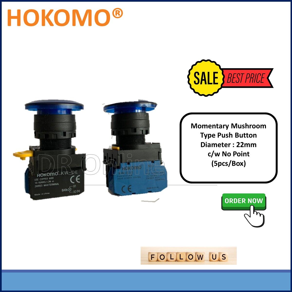HOKOMO 22MM Illuminated Mushroom Type Push Button Momentary 1NO /1NC ...