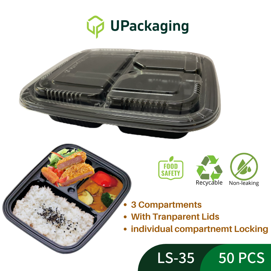 LS35 [50 Pcs] Plastic Lunch Box with Lid 3 Compartments Disposable Recyclable Bento Container ...