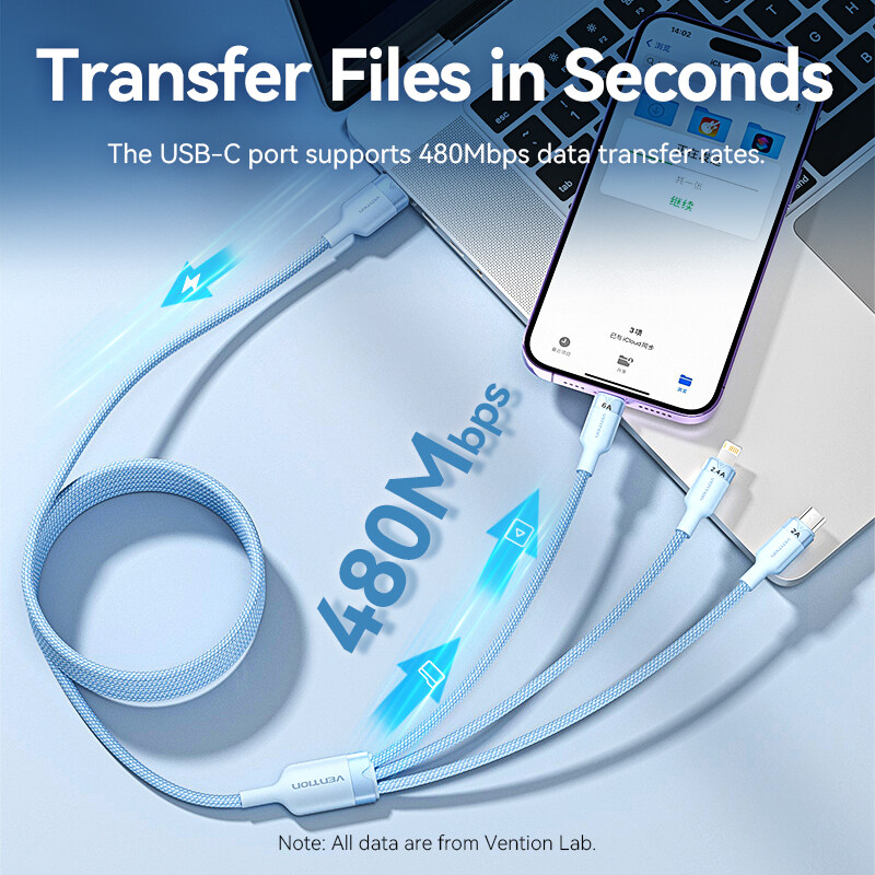 Vention 3 in 1 USB Cable A Male to Type C 6A 120W Micro Lightning for ...