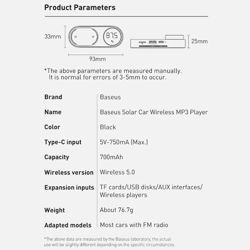 Solar Car FM Transmitter Bluetooth-Compatible 5.0 Car Kit Wireless ...