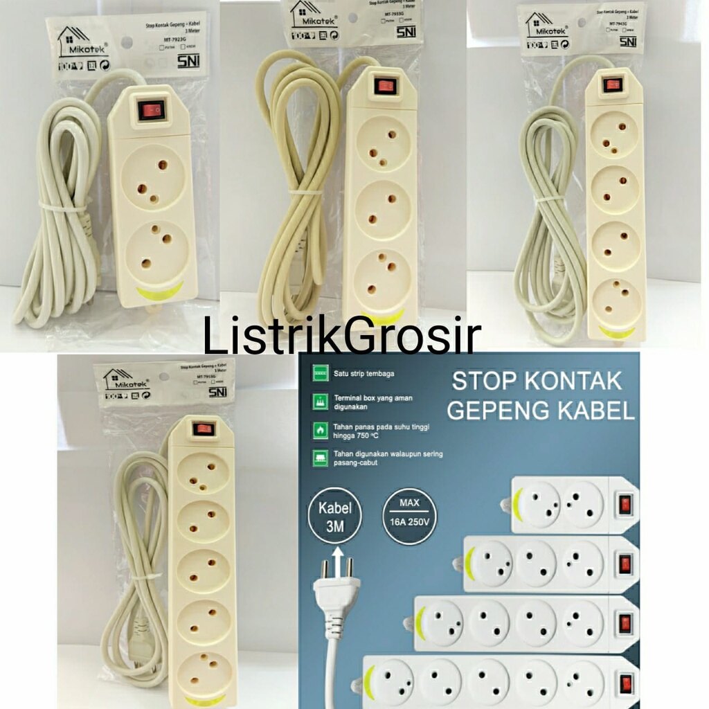 GEPENG Stop Kontak + Kabel 3m Mikotek 2 3 4 5 Lubang + Saklar Datar ...