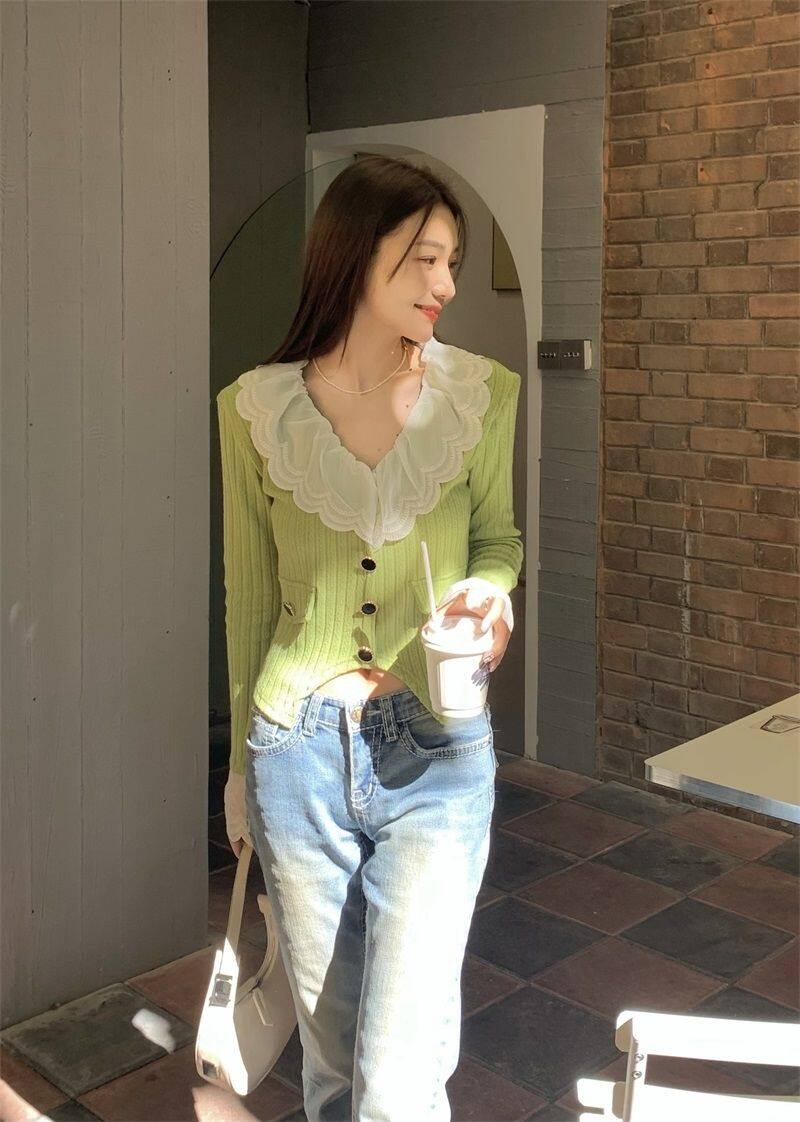 Coconie เสื้อสเวตเตอร์คอปกทรงสลิมสำหรับผู้หญิงดีไซน์ใหม่สไตล์เกาหลี ...