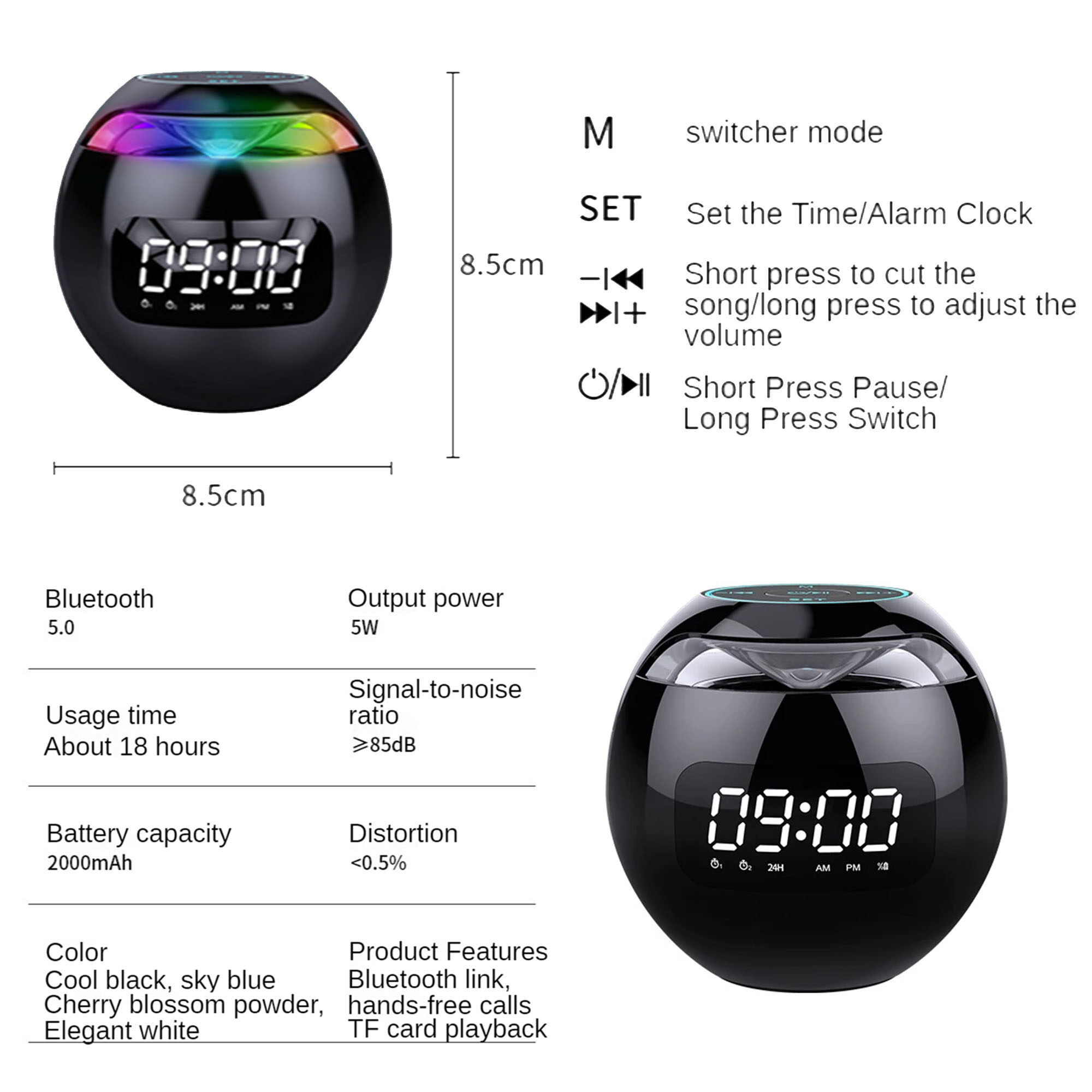 G90 Creative Clock Colorful Bluetooth Speaker Mini Portable Household ...