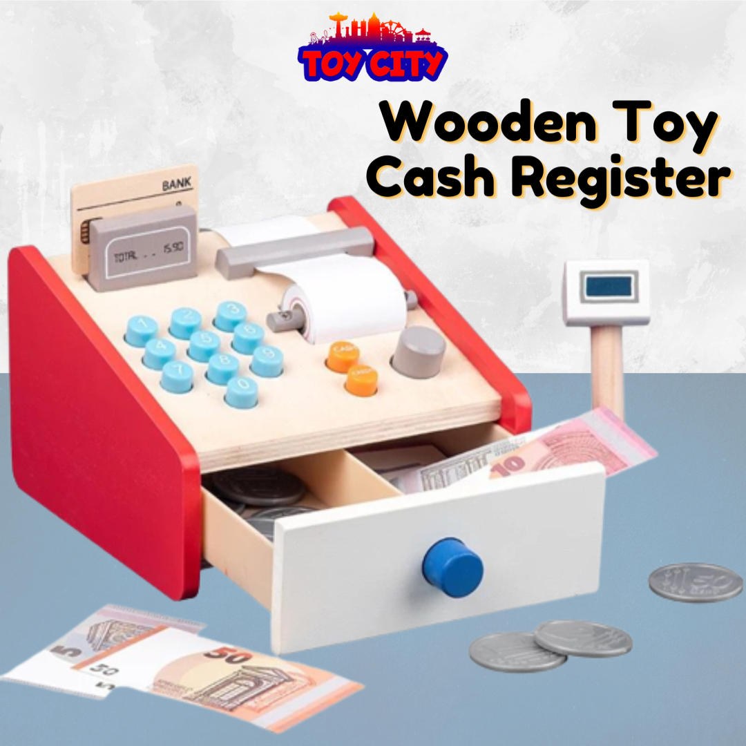 Wooden Cashier Machine Toy Role Play Educational Toy Pretend Play Cash ...