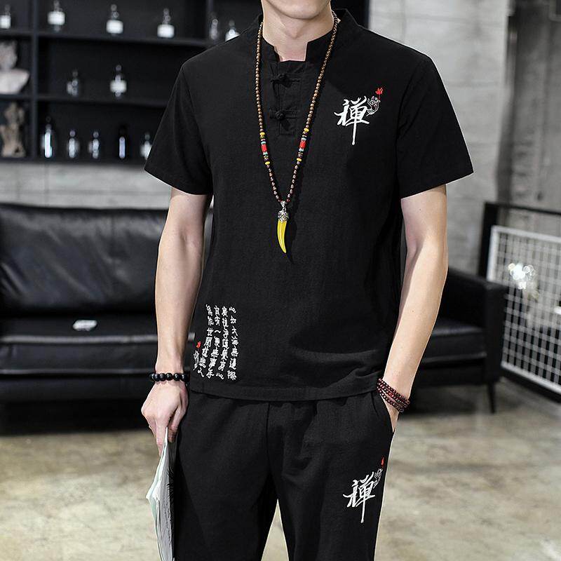 Loldeal Chinese Style Summer Linen Tracksuits Embroidery Set Men's ...