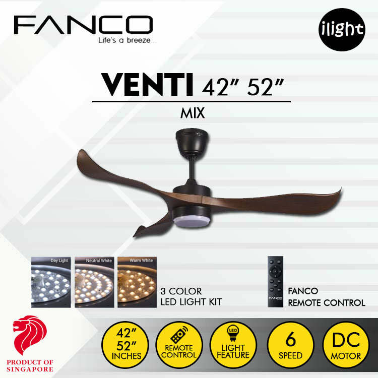 FANCO | VENTI 42/ 52 Inch DC MOTOR WITH 3 COLOR LIGHT 3 BLADE REMOTE ...