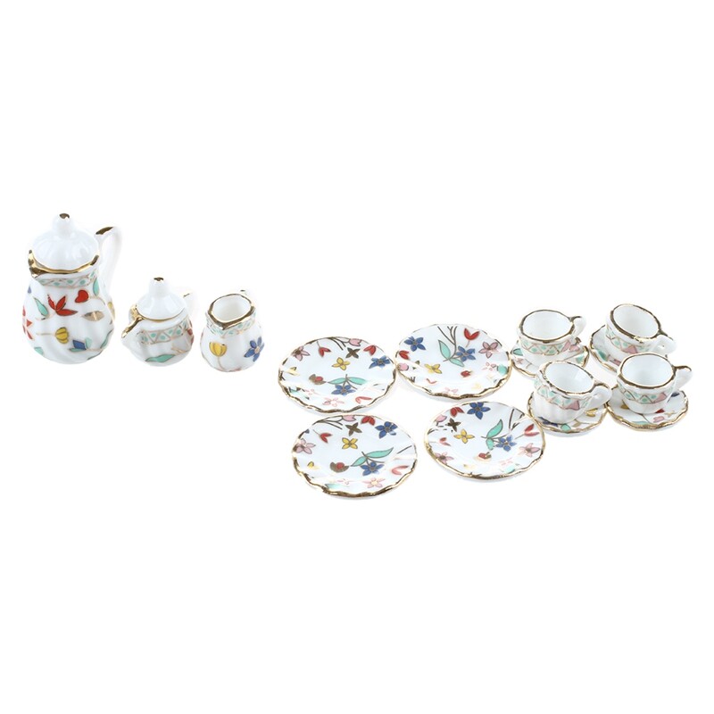 15 Piece Miniature Dollhouse dinnerware porcelain tea set tableware Cup ...