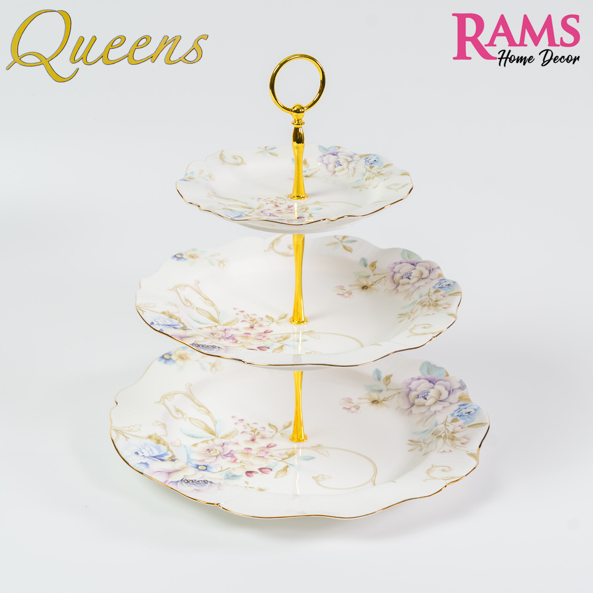 Queens Premium Porcelain 3 Tier Cake Plate with Metal Holder ...