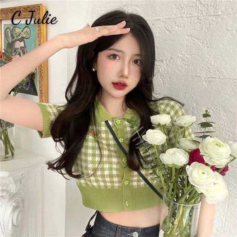 จูลี่ซี2022ใหม่เอเชียสาวร้อนพืชยอดนิยม Ins สไตล์แฟชั่นแขนสั้นเสื้อกันหนาวเสื้อยืดสตรีเกาหลีอเนก