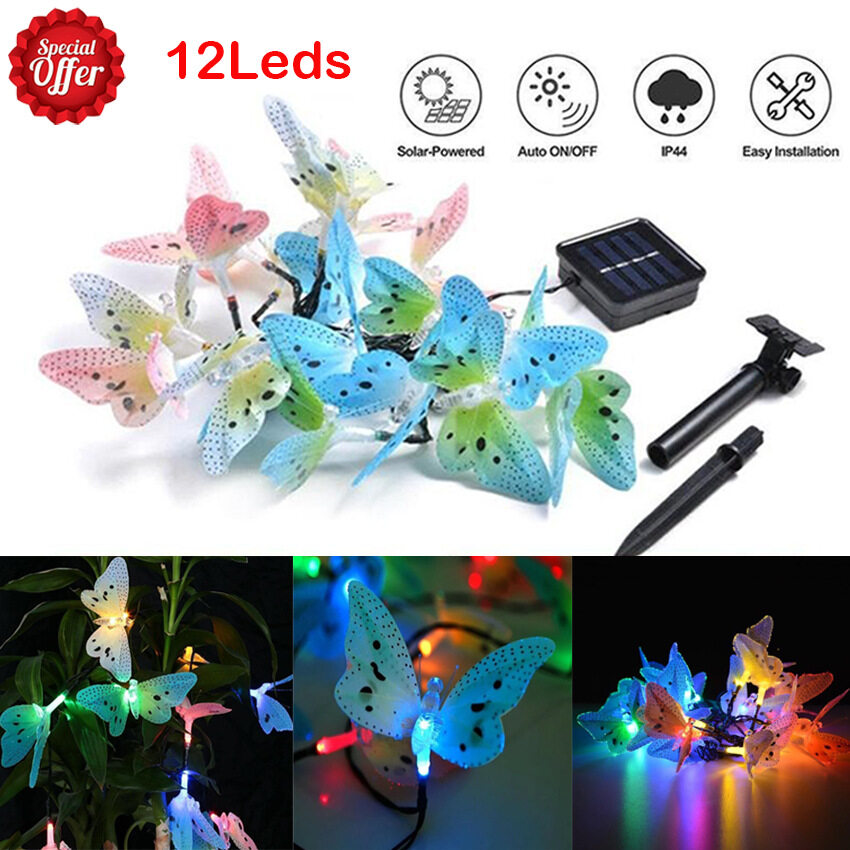 12 Led Solar Powered Butterfly Fiber Optic Fairy String Lights ...