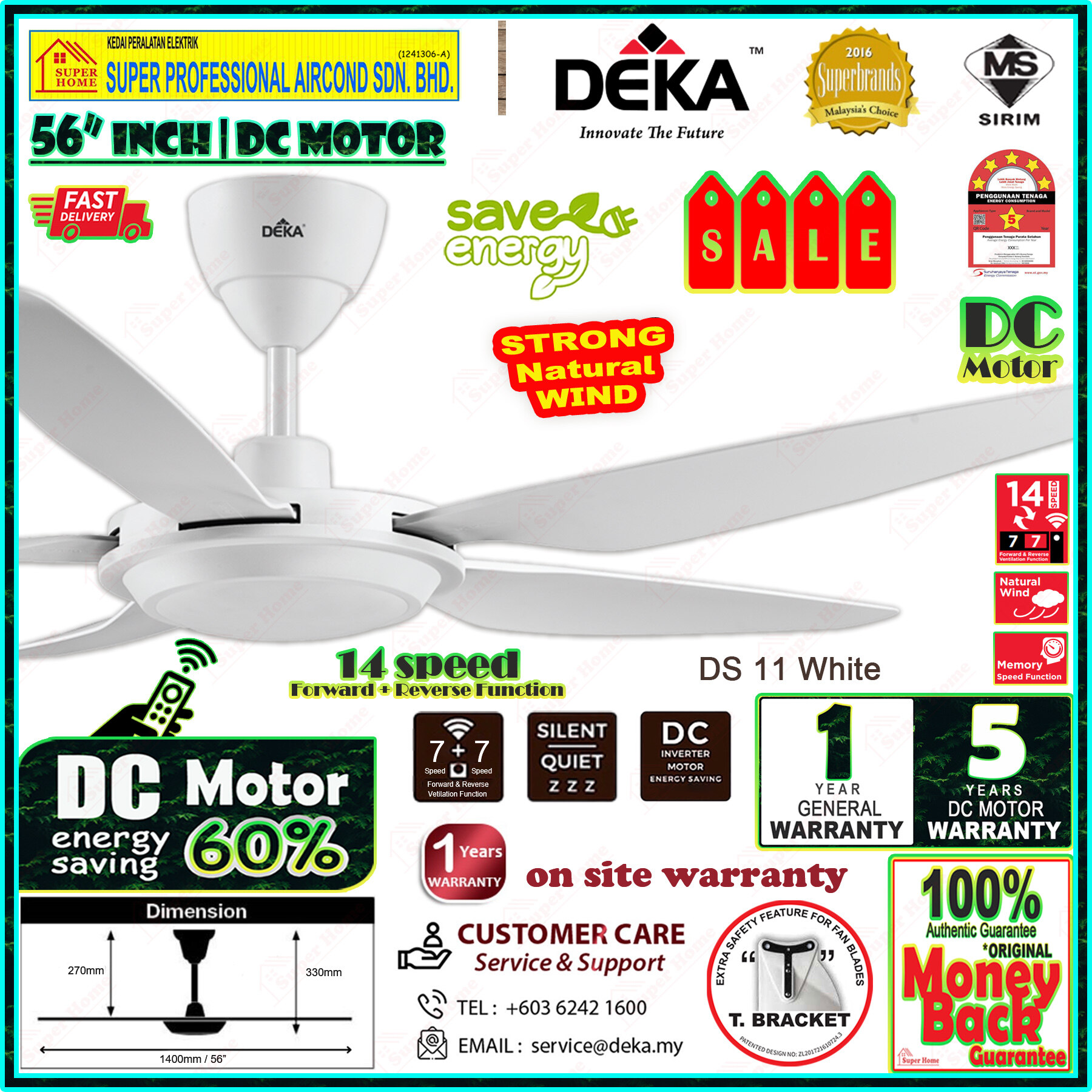Deka DS11 Remote Control Ceiling Fan 56 inch DC Motor 5 Blades Remote ...