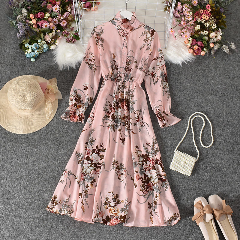 korean floral dress women fashion long sleeve spring autumn slim ...