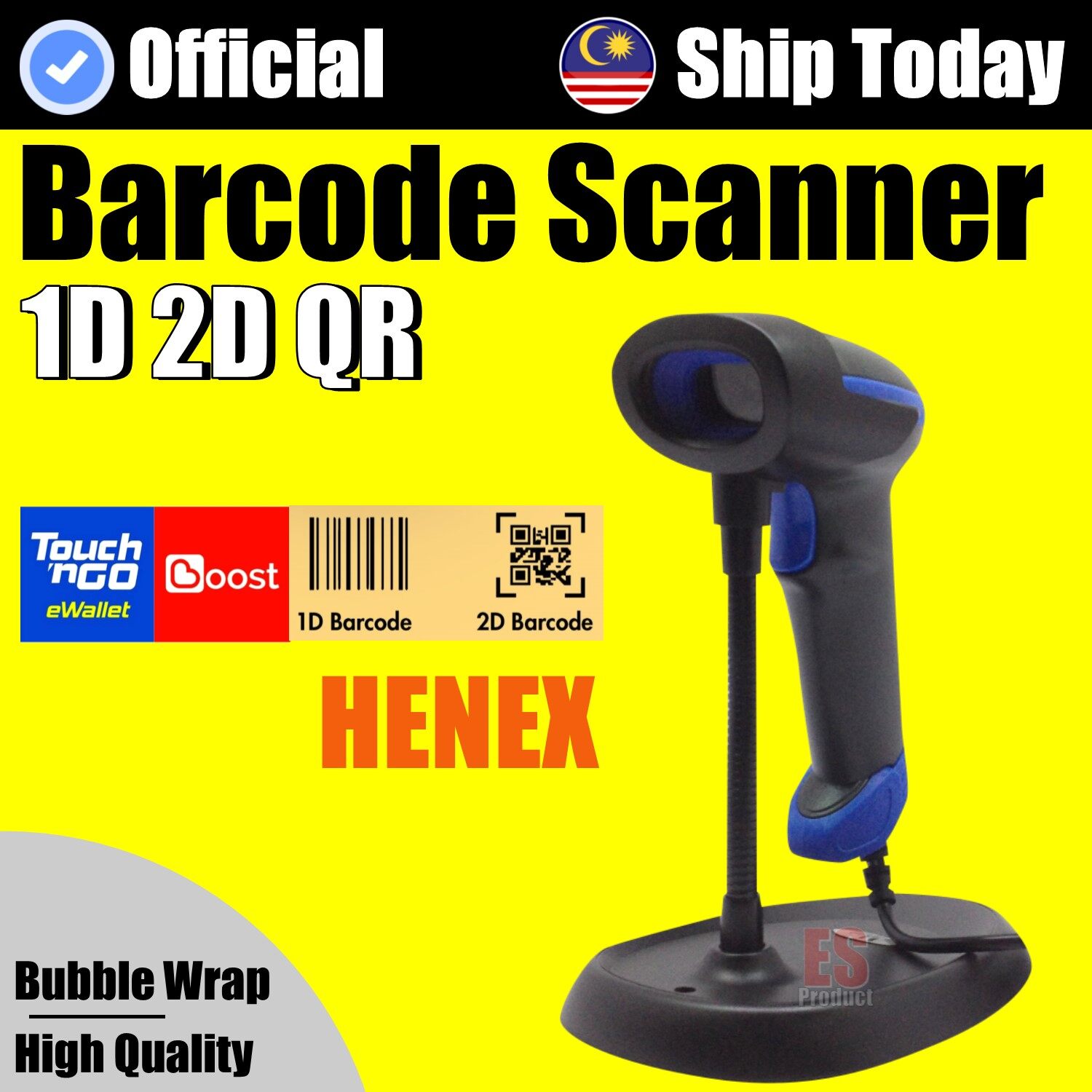 Official Henex Barcode Scanner with Stand 1D 2D QR Code Support Touch n ...
