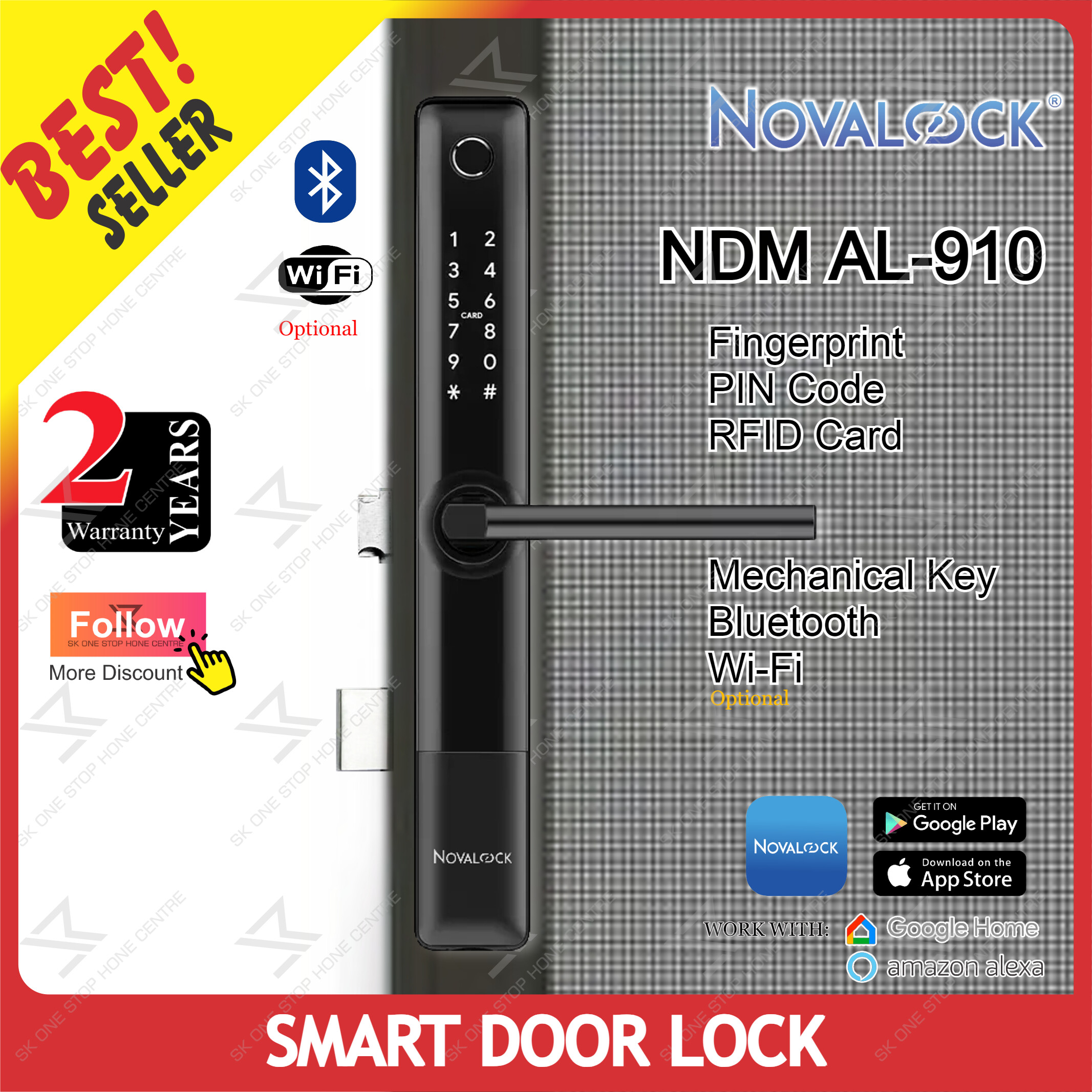 Novalock NDM AL 910 Slim Smart Aluminium Door Lock (Mesh Door / Fingerprint, Pin Code, Card, Key ...