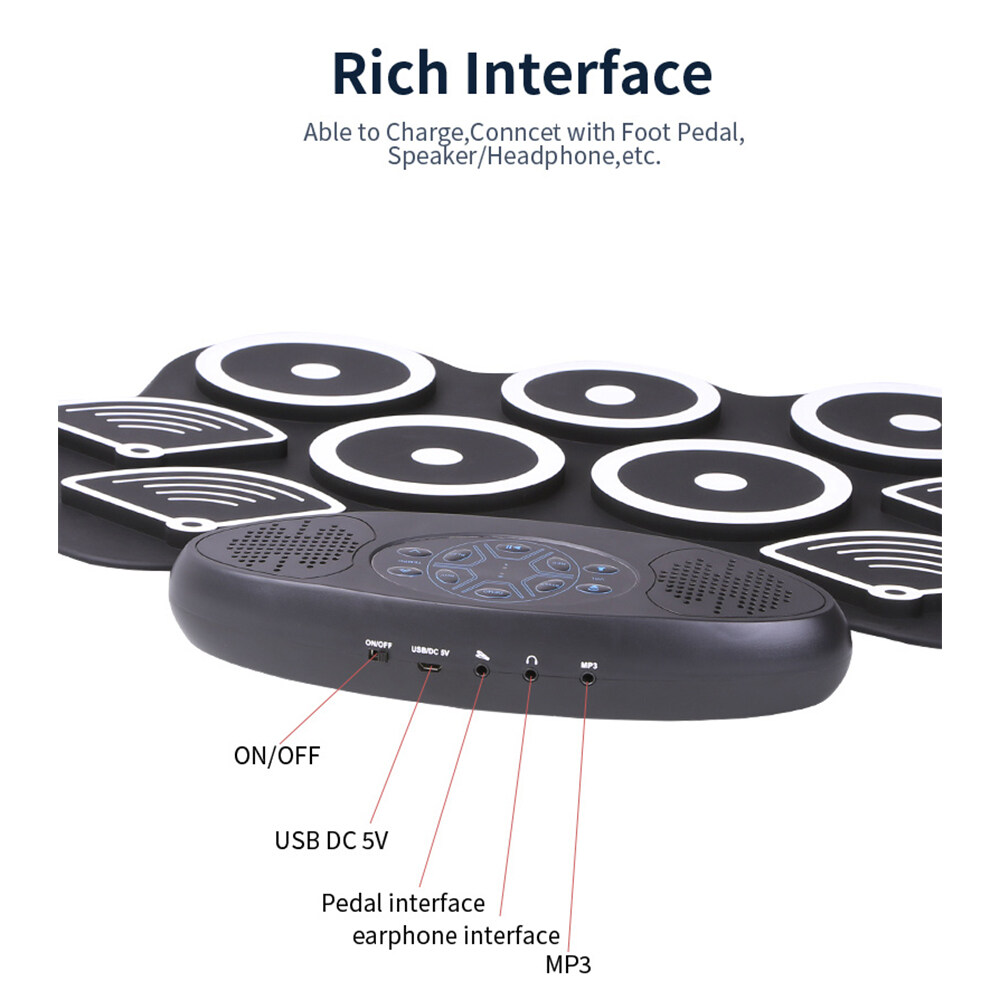 Portable 9 Pads Electronic Drum Set Roll Up Silicone Practice Drum Pad ...