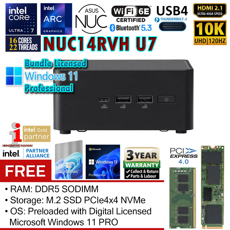 ASUS NUC 14 PRO U7 L10 Intel Core Ultra7-155H 4.8GHz 16-Cores Mini PC / Intel NUC Revel Canyon ...