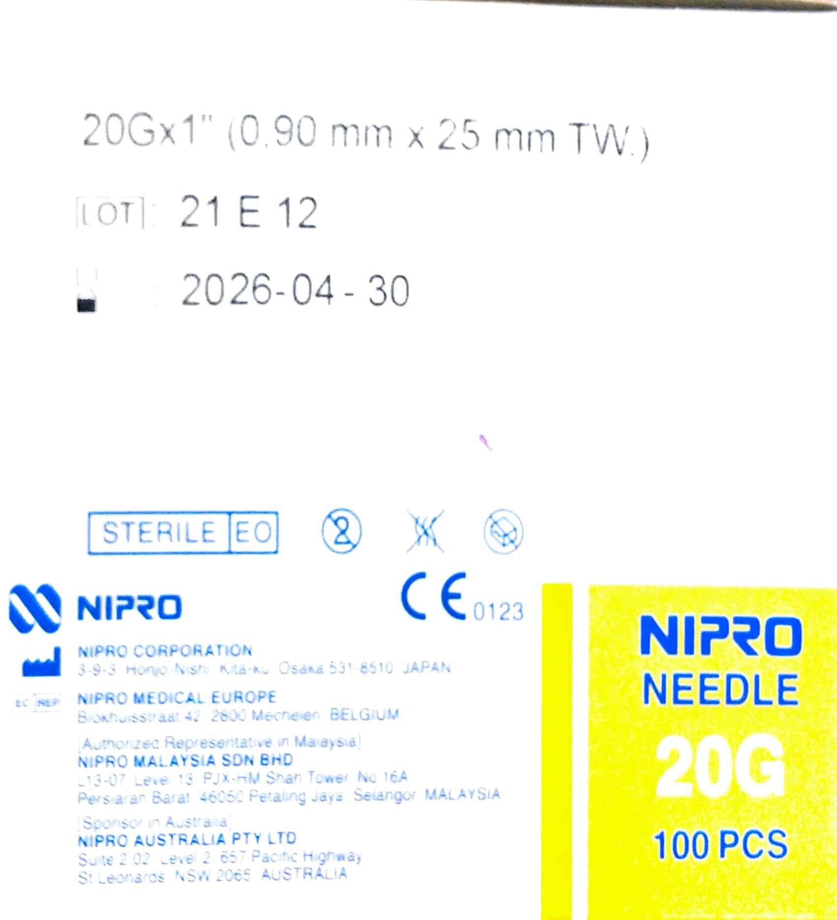 NIPRO NEEDLE 20G X 1 INCH - 100PCS/BOX - 6 BOXES/PACK Expiry 2026 ...