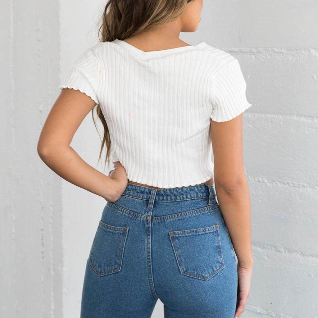 Fdbg แฟชั่นผู้หญิงเซ็กซี่คอวีแขนสั้นปุ่มยางสั้นสบายๆพืชยอดนิยม - FDBG ...