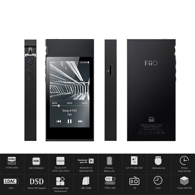 FiiO M7 High-Res Audio Lossless Music Player MP3 Bluetooth4.2 aptX-HD LDAC Touch Screen with FM ...
