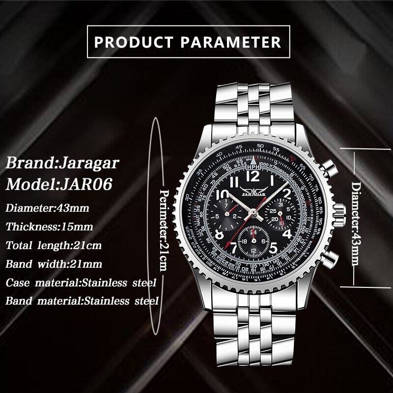 JARAGAR Pilot นาฬิกาออโตเมติกผู้ชายสีดำ3 Dial Multifunction วันที่เหล็กกีฬานาฬิกาแบรนด์ชั้นนำ ...