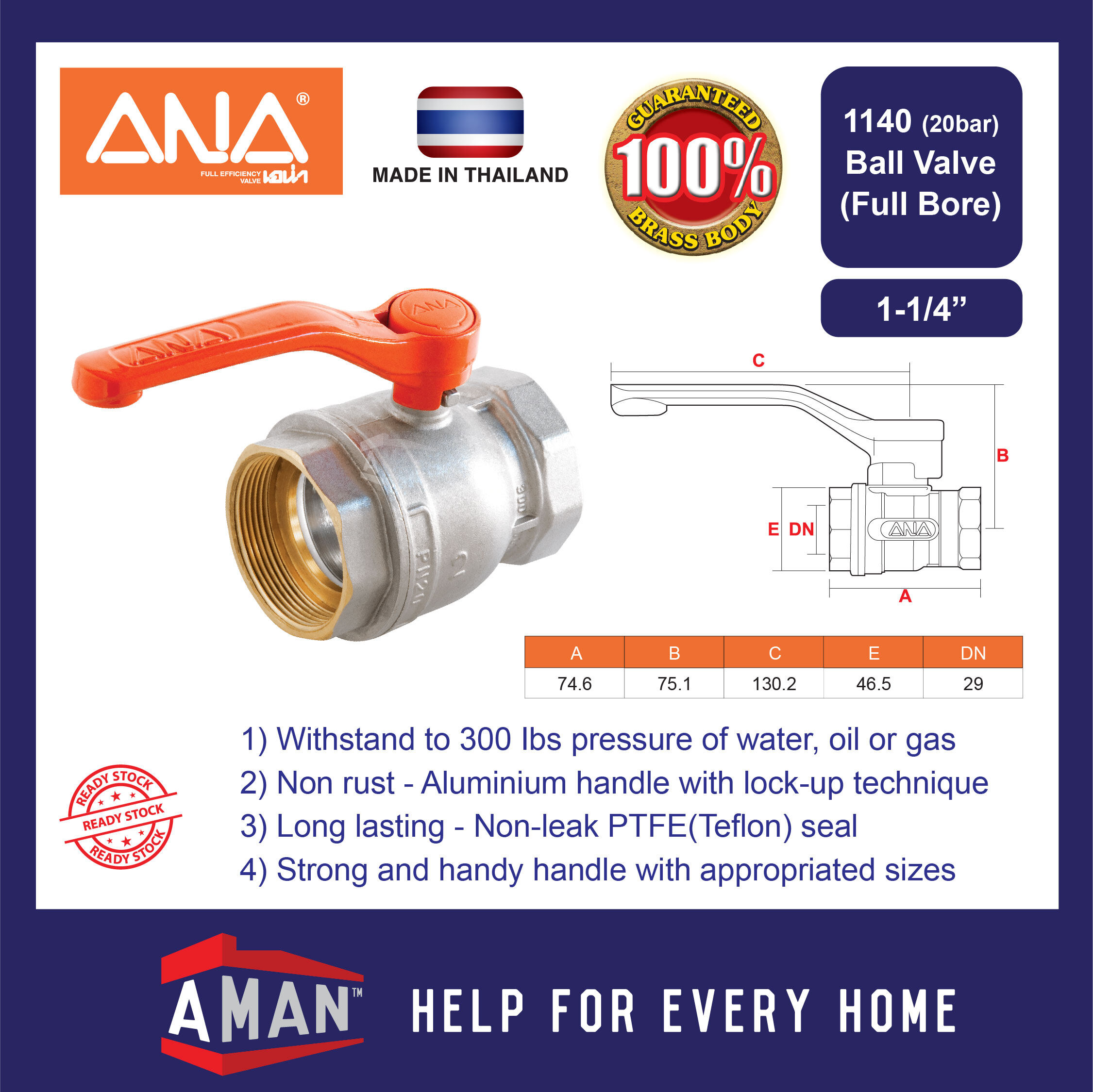 ANA Full Bore Valve Gear Handle Brass Ball Valve Water Pipe Fitting ...