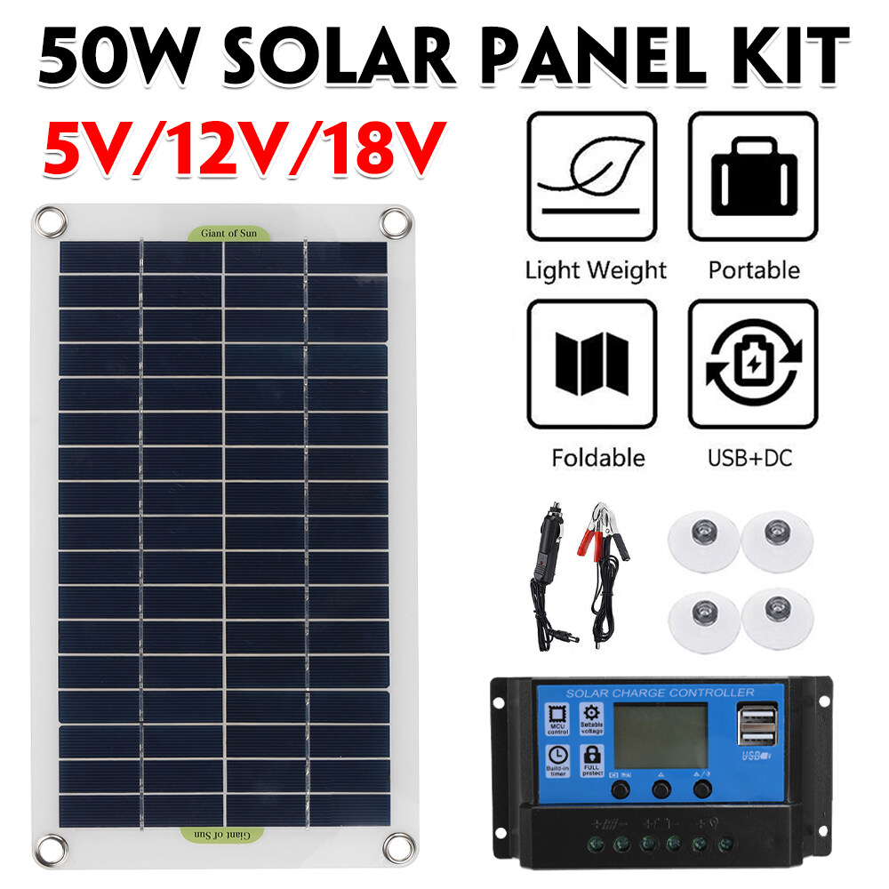 NEW Upgrade 4 In 1 50W Solar Panel Kit Jack 12V/5V USB With 10/30/60 ...