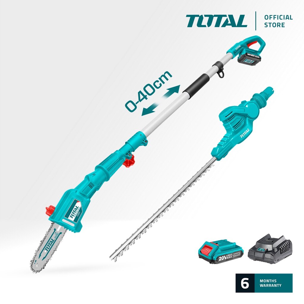 TOTAL Li-ion Pole Saw with Pole Hedge Trimmer + Battery + Charger, Pole ...
