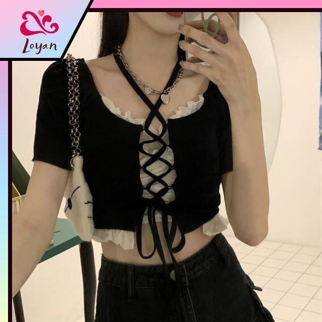 Loyan เสื้อสั้นคล้องคอ,ไหล่ตรงรัดรูปผ้ายืด,เสื้อยืด,ความรู้สึกการออกแบบ ...