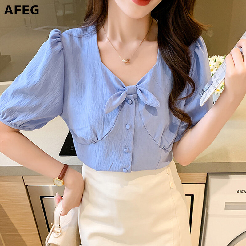 AFEG สไตล์เกาหลีผู้หญิงแขนสั้นสีทึบเสื้อแขนยาวมีสไตล์สำหรับสตรี - AFEG ...