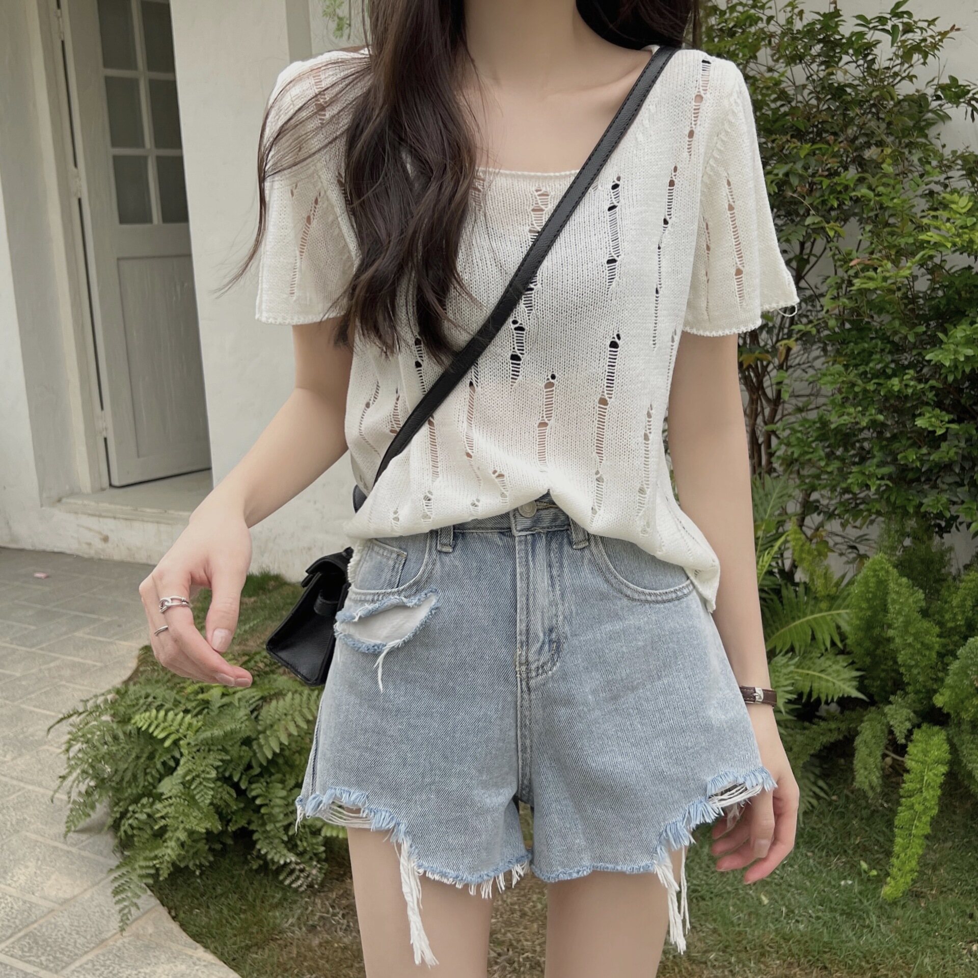 Ycho เสื้อยืดถักแขนสั้นเข้ารูปมีรูเปิดสำหรับ2023ฤดูร้อน | Lazada.co.th