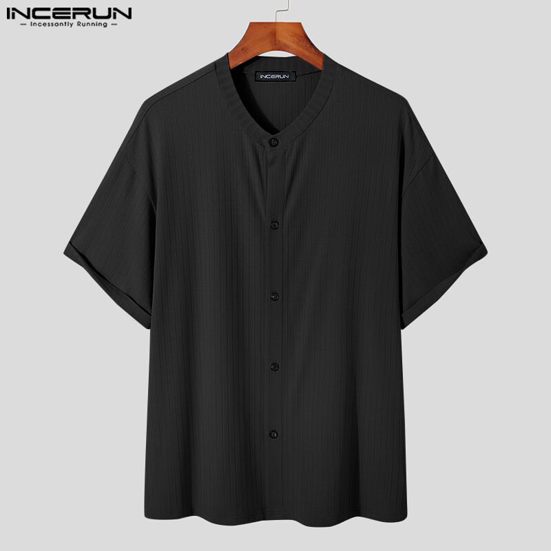 [Perfectly] INCERUN Mens Knit Short Sleeve Button Up Collarless Fit ...
