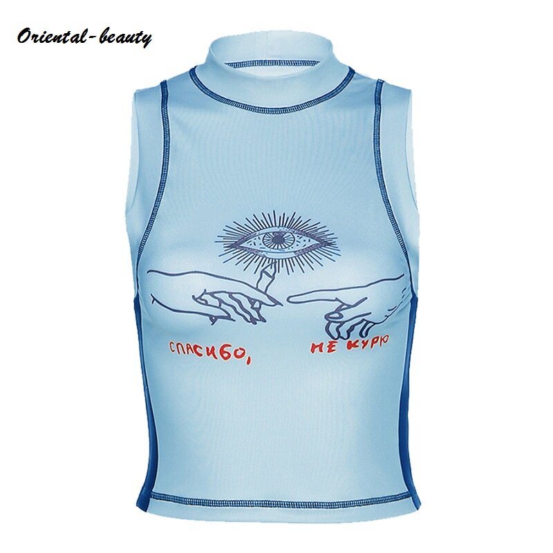 ♡Oriental-Beauty Chic Cargo Tank Tops นิ้วมือตาพิมพ์ครึ่งแขนกุดคอสูง ...