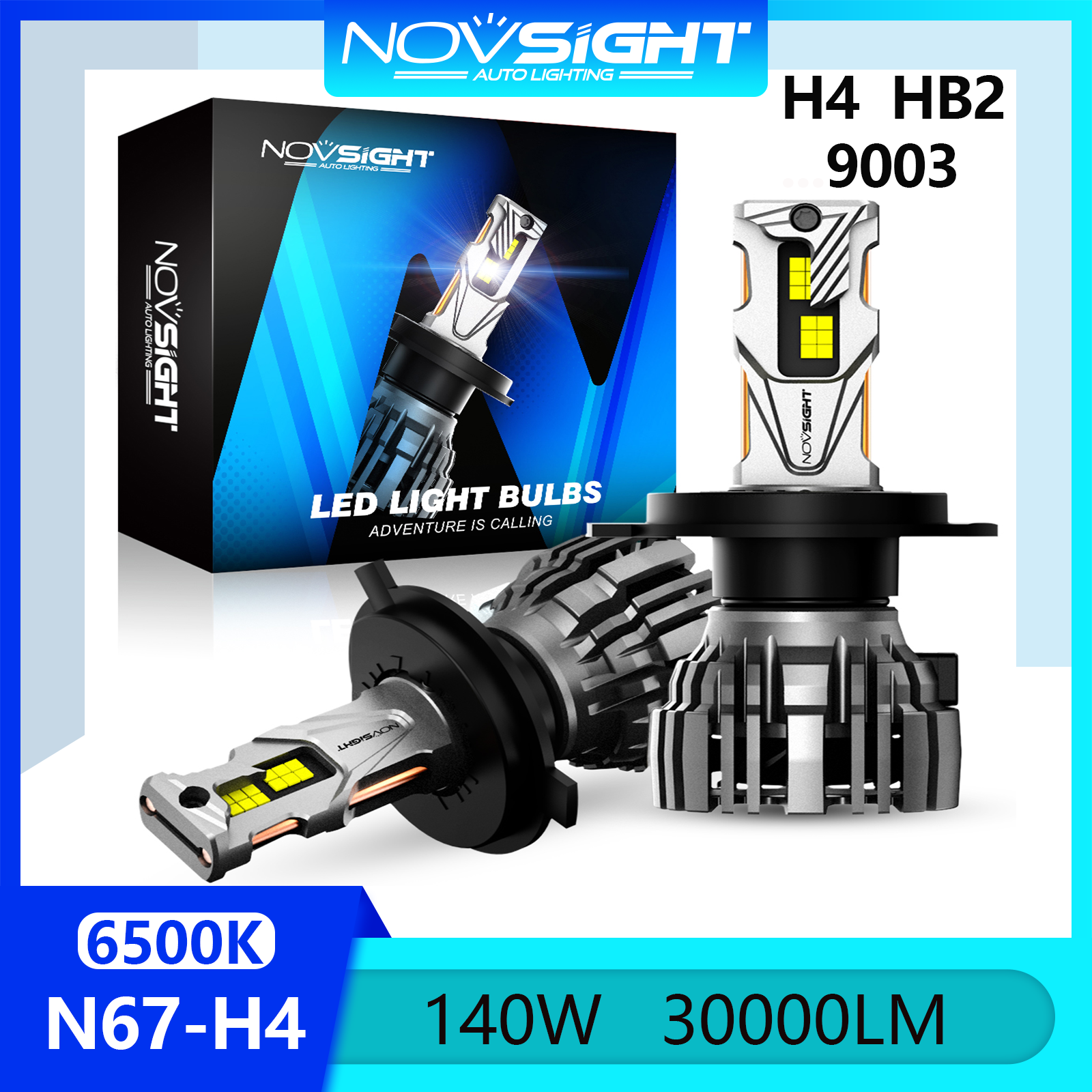 Novsight N67 9003 HB2 P43t H4 LED Headlight Bulb 6500K Super Bright LED ...