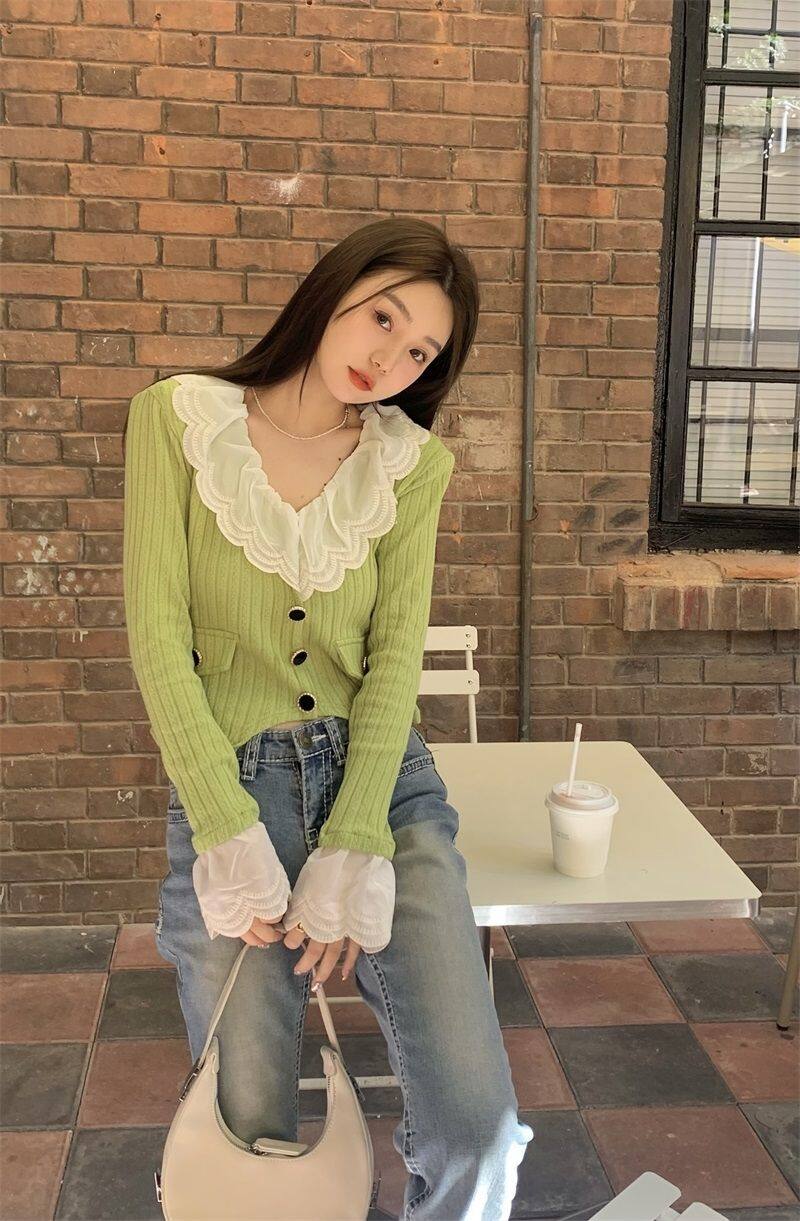 Coconie เสื้อสเวตเตอร์คอปกทรงสลิมสำหรับผู้หญิงดีไซน์ใหม่สไตล์เกาหลี ...