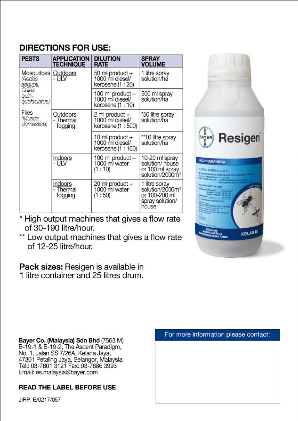 Bayer Resigen 1 Litre Lalat Nyamuk Flies Mosquitoes Chemical | Lazada