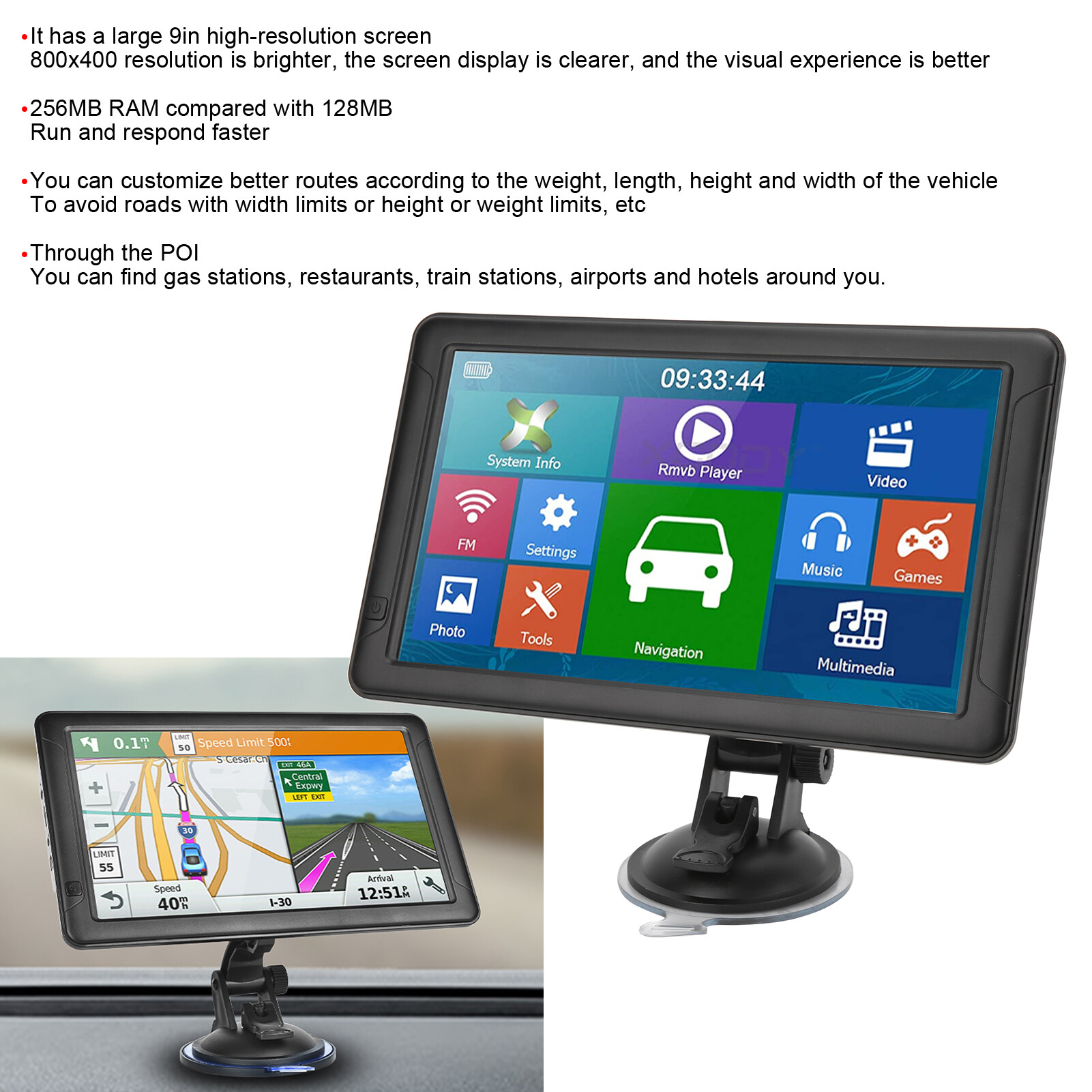 9in Car GPS Navigation Large POI Voice Guidance Touch Screen 800×400 ...