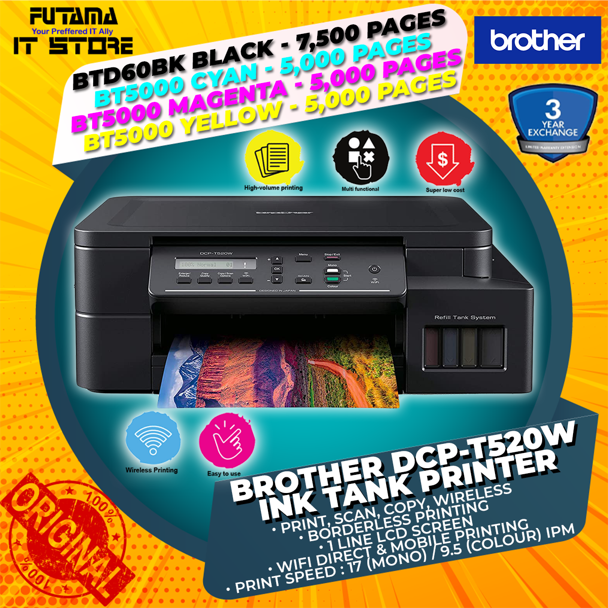 BROTHER DCP-T520W Refill Tank System 3-in-One Color Printer (Print/Scan/Copy/Wireless) 3.5 yrs ...