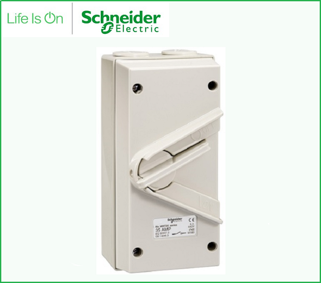 SCHNEIDER KAVACHA WHT35 35A 440V IP66 SURFACE MOUNT TRIPLE POLE ISOLATING SWITCH WEATHERPROOF ...