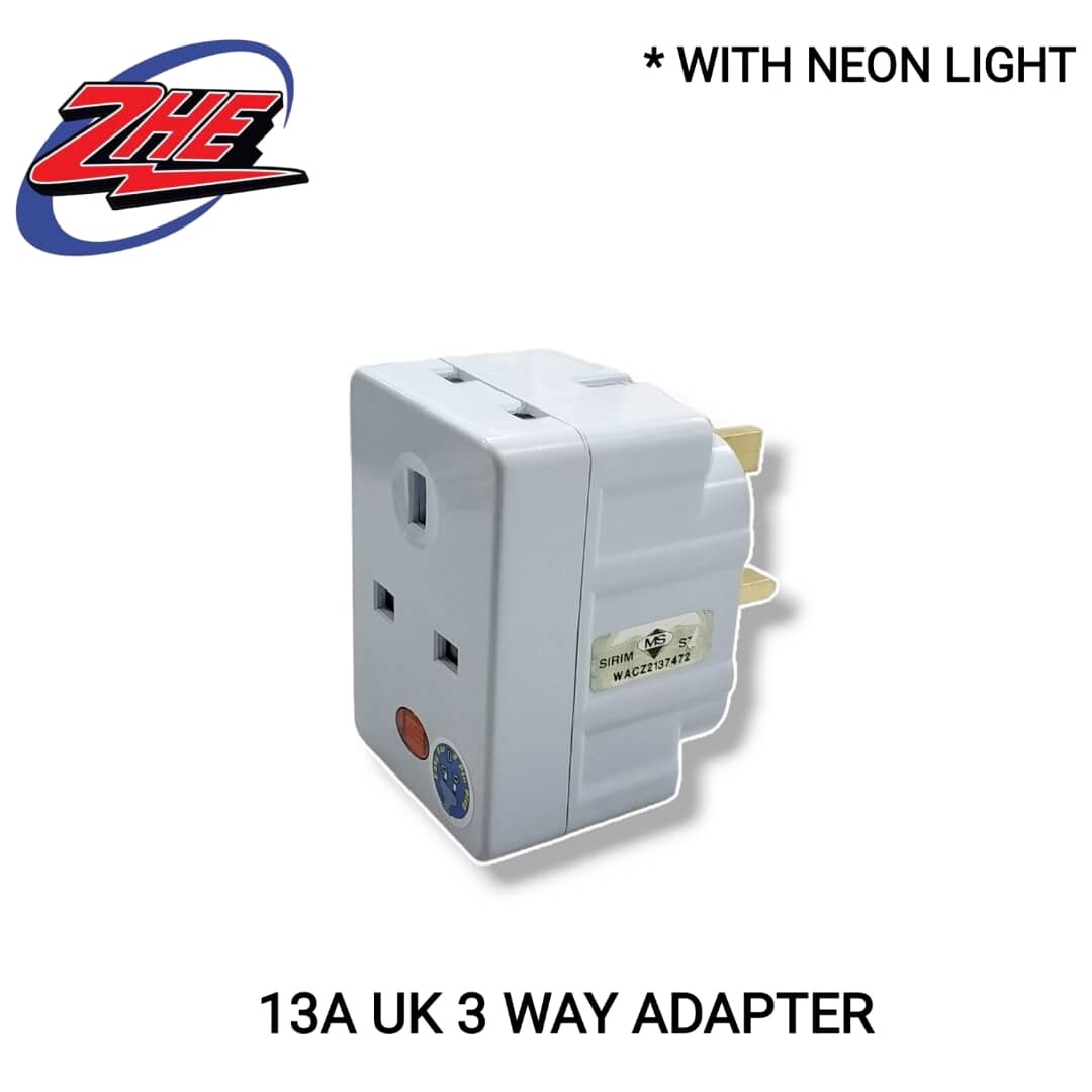 PREMIUM 13A 3 WAY ADAPTOR WITH NEON LIGHT INDICATOR WITH SAFETY SHUTTER ...