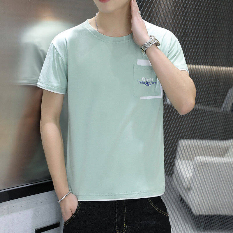 Men's Short Sleeve T-Shirt Trend Round Neck Korean Style Loose Men's Casual Bottoming Shirt Top ...