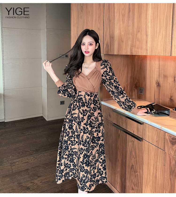 YIGE 2021 autumn new women's knitted stitching chiffon floral long ...