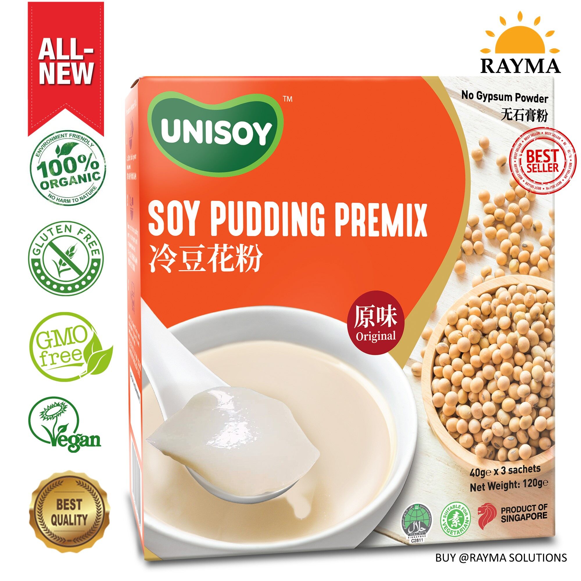 UNISOY Soy Pudding Premix, Non-GMO Soybeans, 120g (40g x 3 sachets) | Lazada