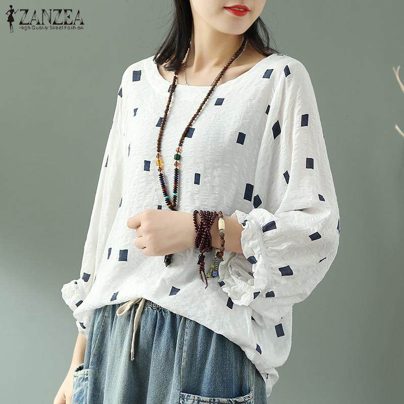Zanzea Women Lantern Sleeve Frill Square Dot Shirt Tops O Neck Batwing