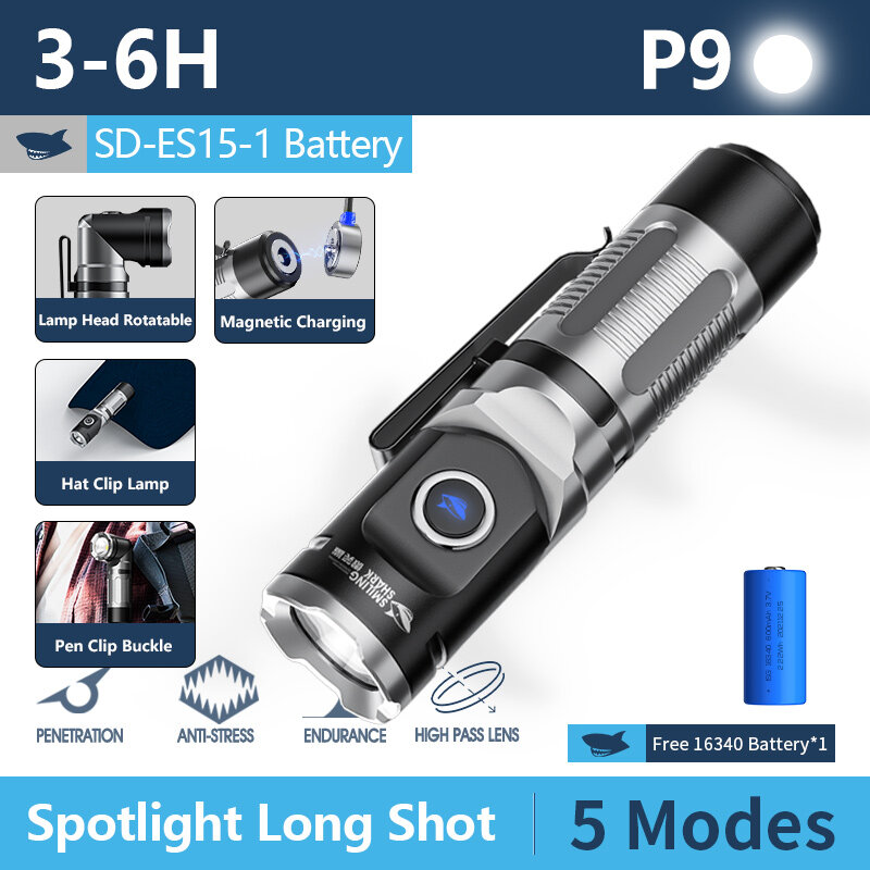 Smiling Shark ES15 Right Angle Flashlight 90°Twist Magnet Charging 90 ...