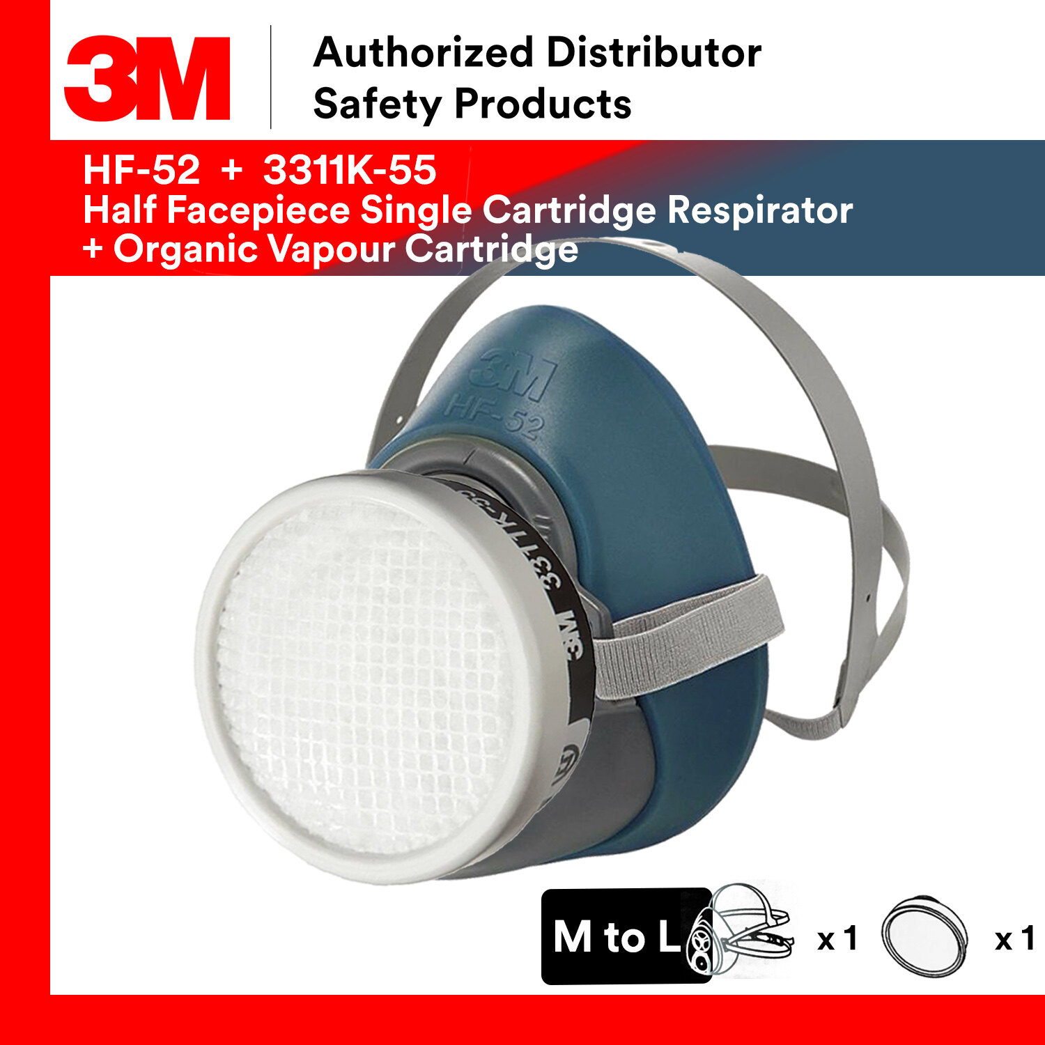 3M HF-51 / 3M HF-52+ 3M 3311K-55 Set Half Face Single Cartridge Respirator + Organic Vapour ...