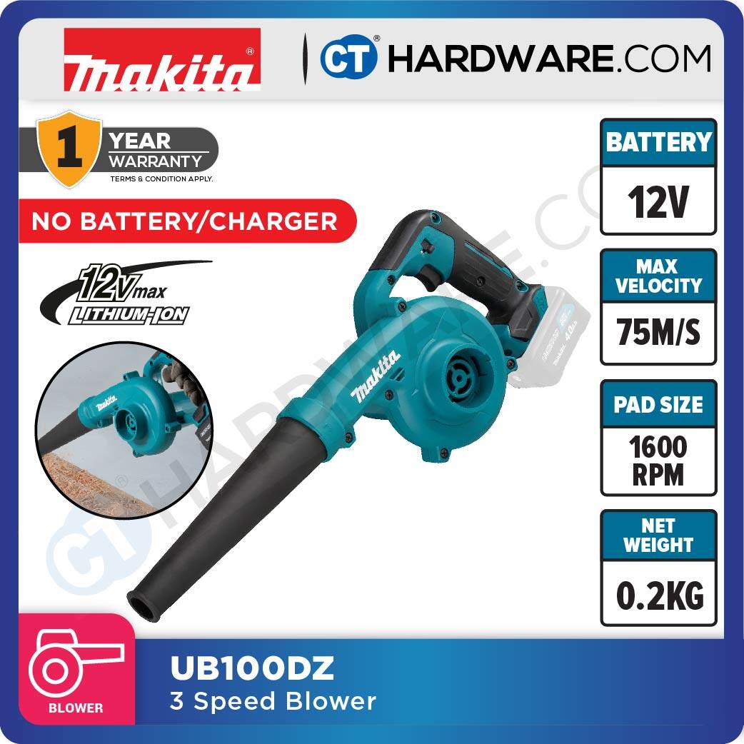 MAKITA UB100DZ CORDLESS BLOWER 12V 2.6M3/MIN 75M/S 15800RPM 4.0KPA WITHOUT BATTERY & CHARGER ...