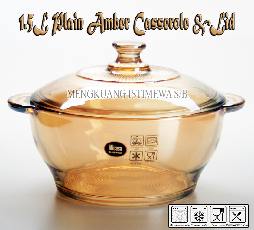 1.5L BOROSILICATE MICROWAVE/OVEN BAKE AMBER SERVE GLASS CASSEROLE WITH ...