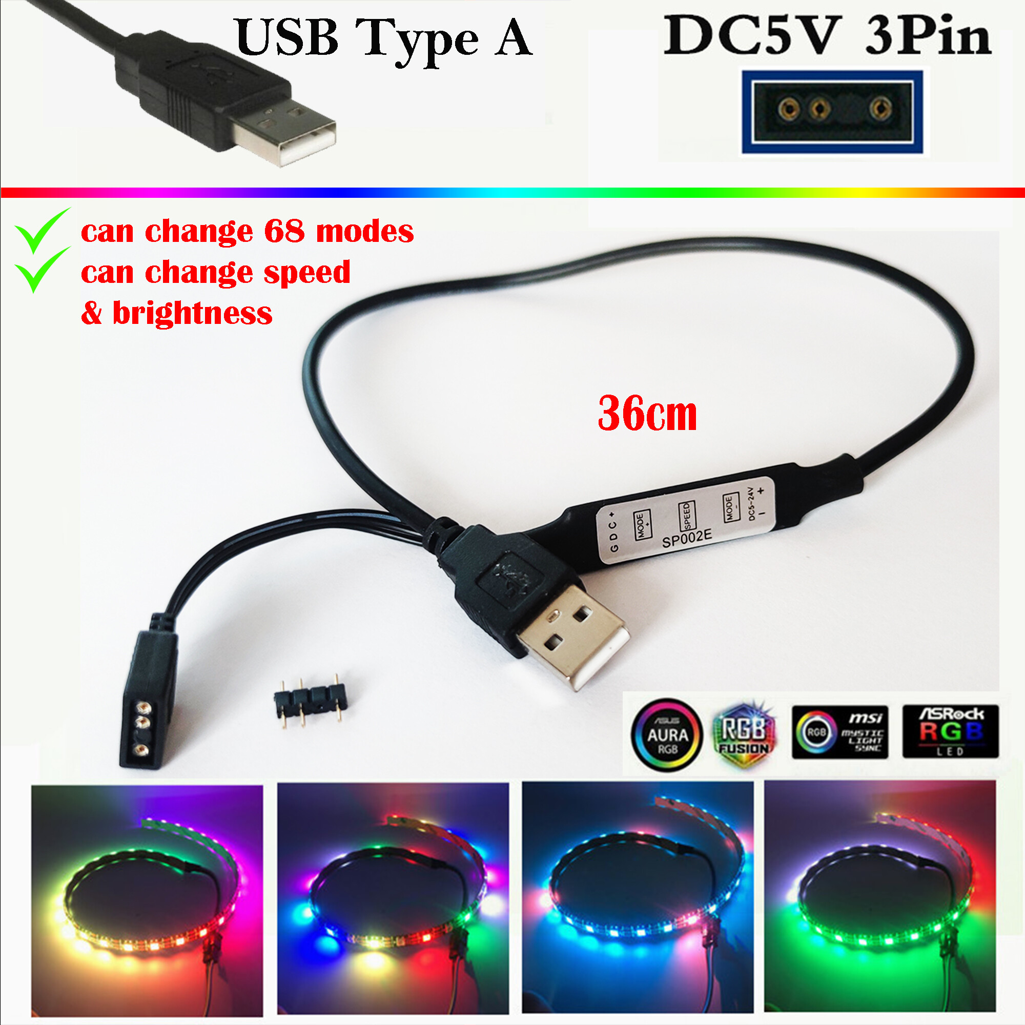 5V ARGB 3pin To USB Adapter Cables Computer PC LED Power Cable ...