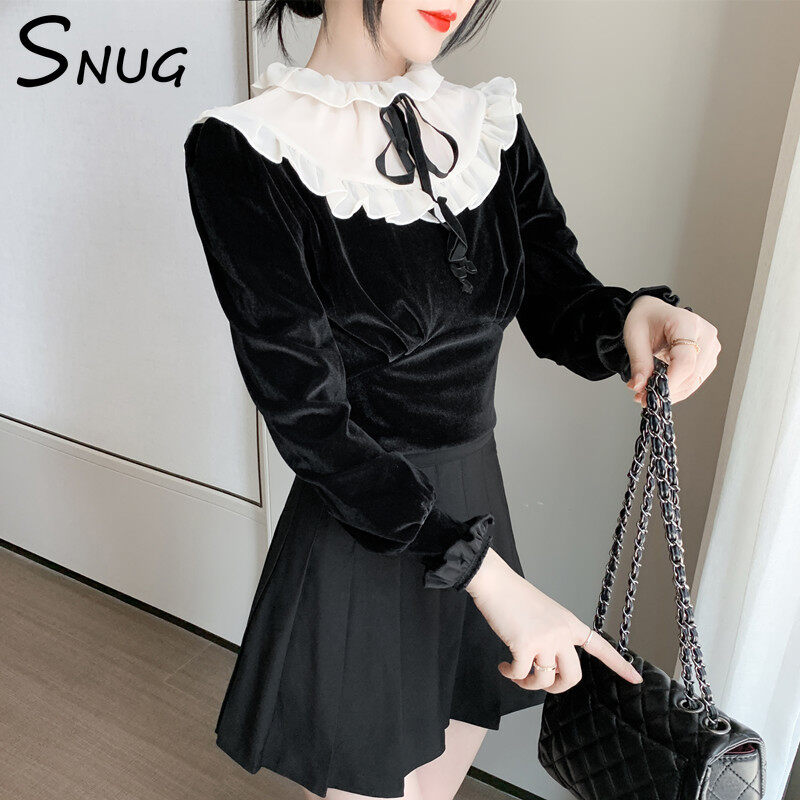 SNUG 2021 Retro Retro ออกแบบชีฟองเย็บกำมะหยี่แขนยาว Slim เสื้อยาวปิดถึง ...